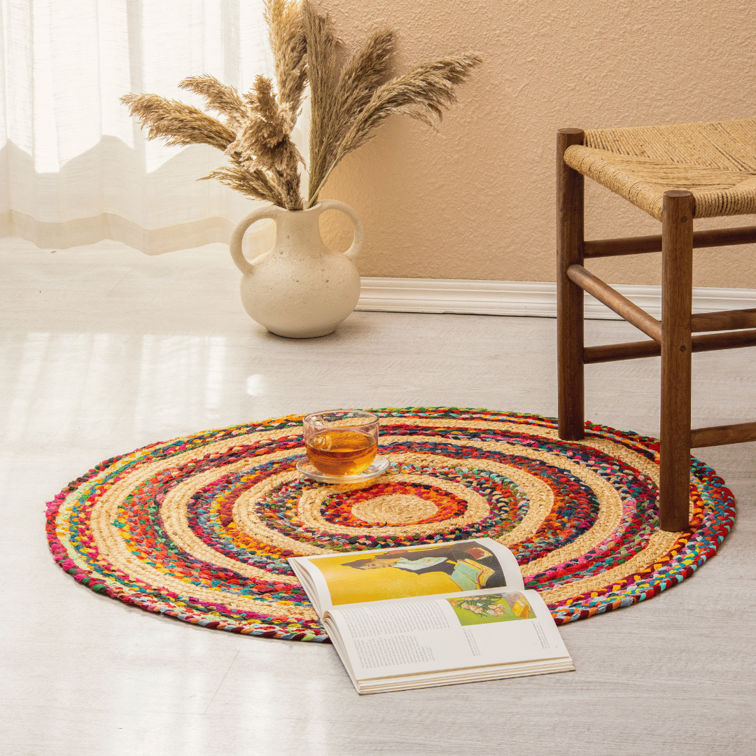 Multicolour Round Jute Rug | Atrangi Rugs | Atrangi Studio