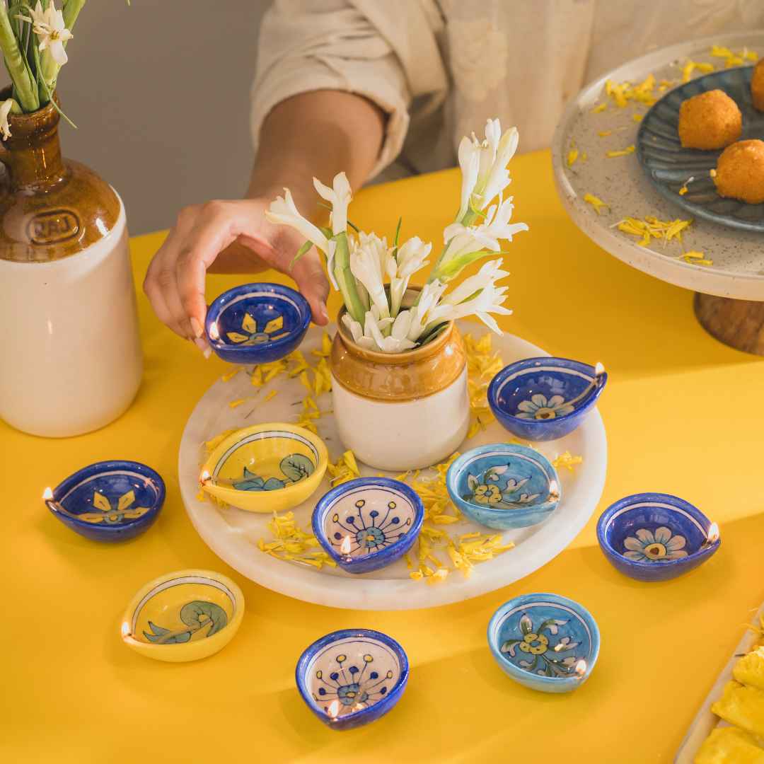Assorted Blue Pottery Diyas Handcrafts by artisans | Atrangi Studio