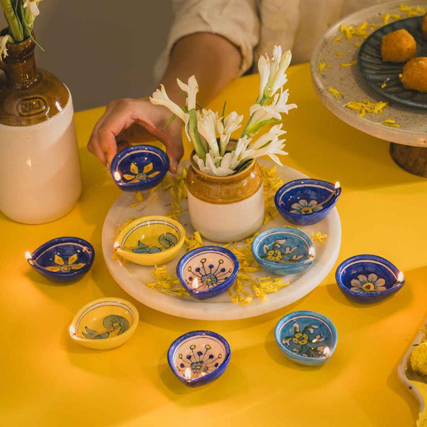 Assorted Blue Pottery Diyas Handcrafts by artisans | Atrangi Studio
