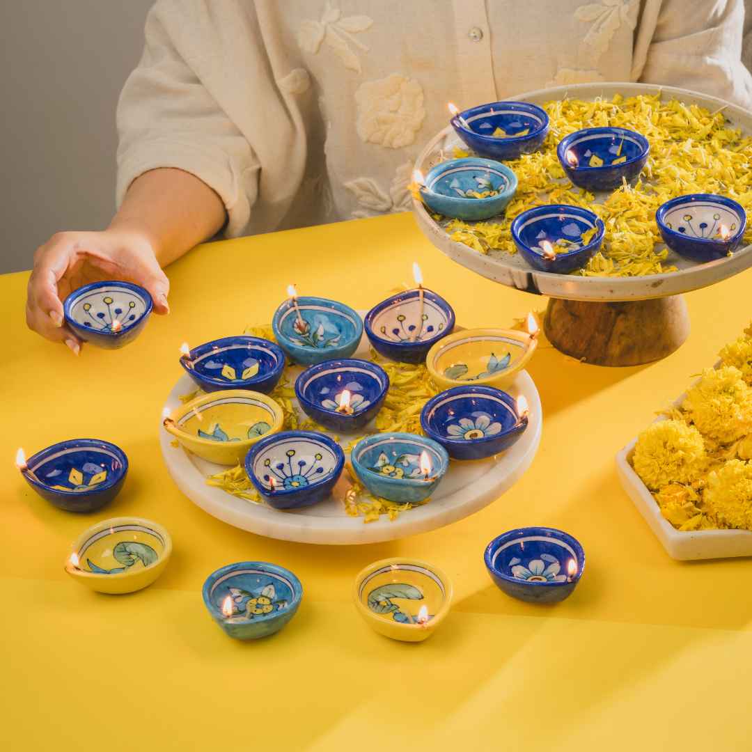 Assorted Blue Pottery Diyas Handcrafts by artisans | Atrangi Studio