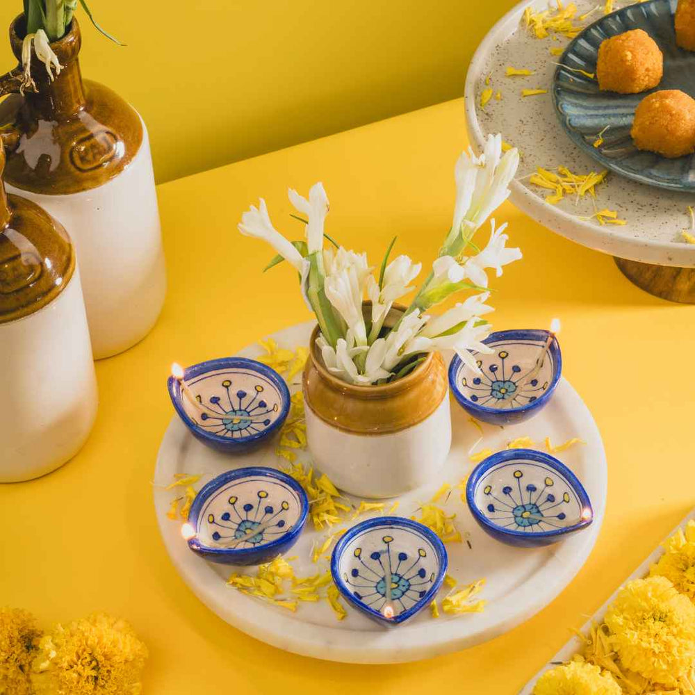 Assorted Blue Pottery Diyas Handcrafts by artisans | Atrangi Studio