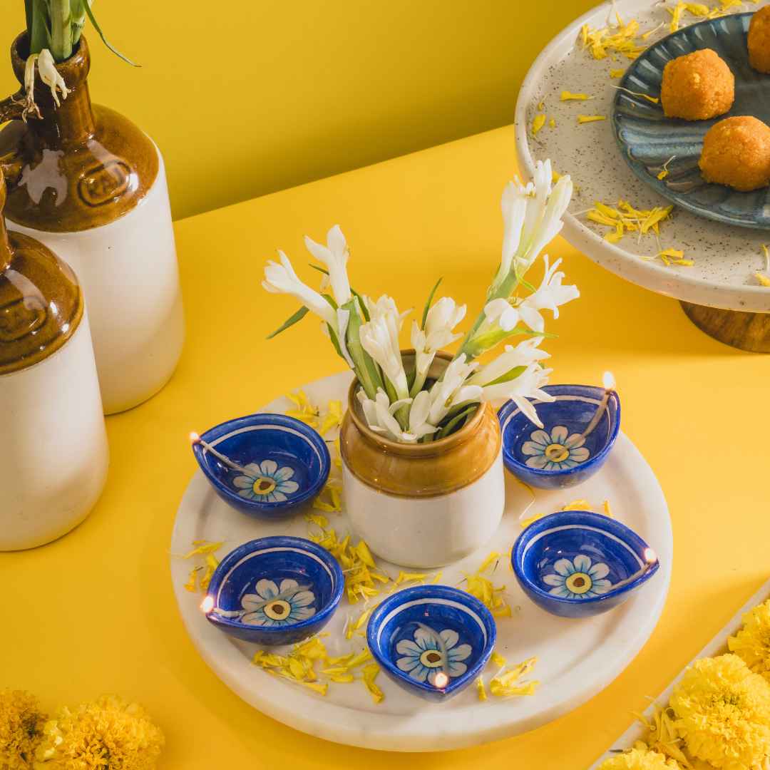 Handmade Jasmine Blue Pottery Diya | Atrangi Studio
