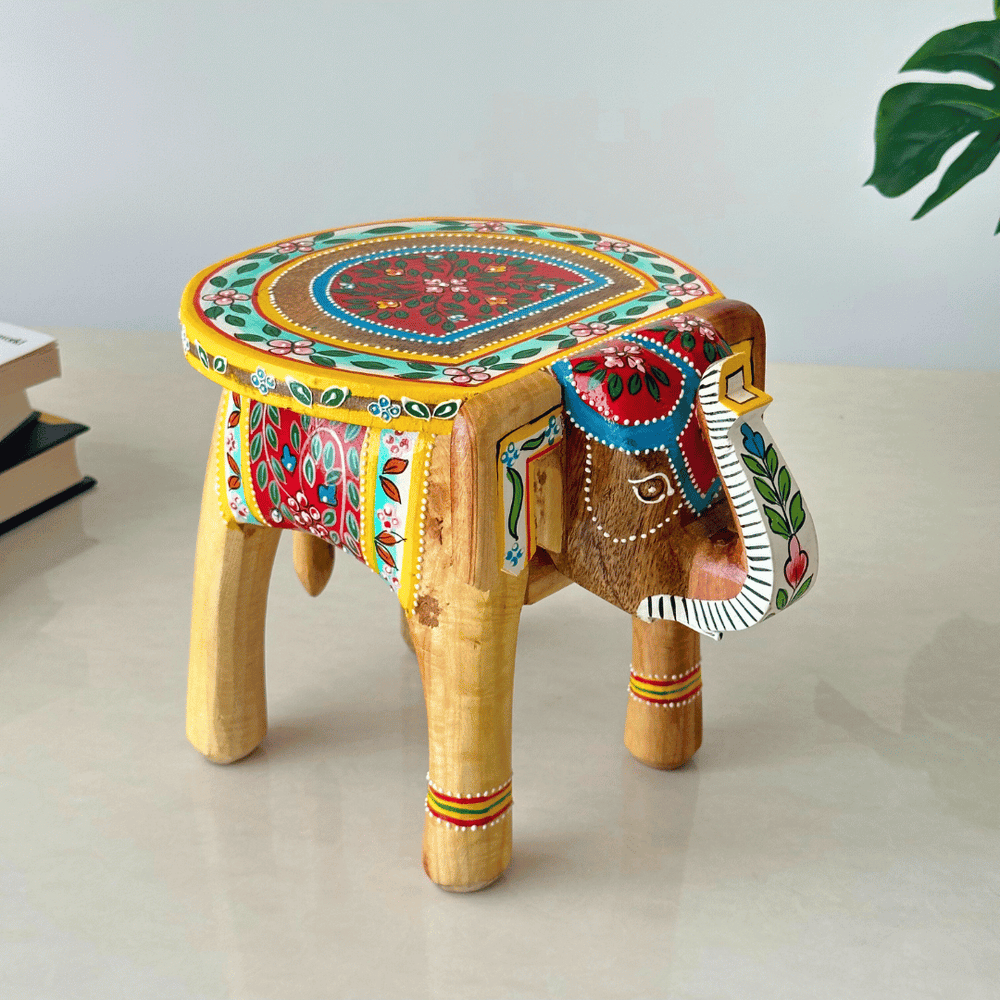 Handcrafted Natural Handpainted Wooden Elephant Stool | Atrangi Studio