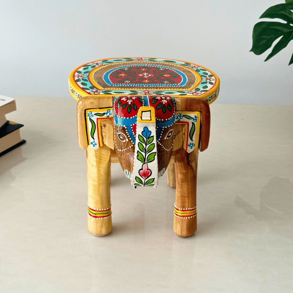 Handcrafted Natural Handpainted Wooden Elephant Stool | Atrangi Studio