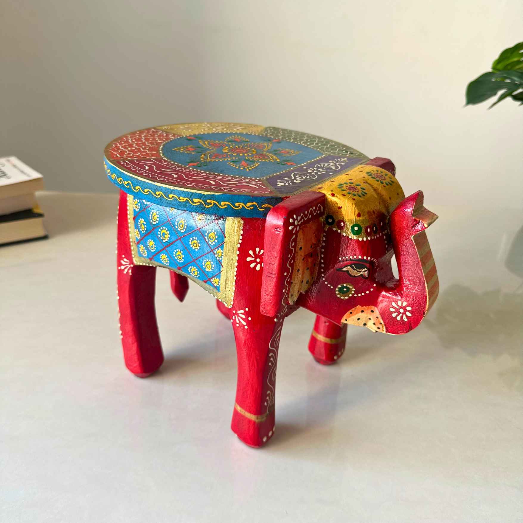 Handcrafted Red Handpainted Wooden Elephant Stool | Atrangi Studio