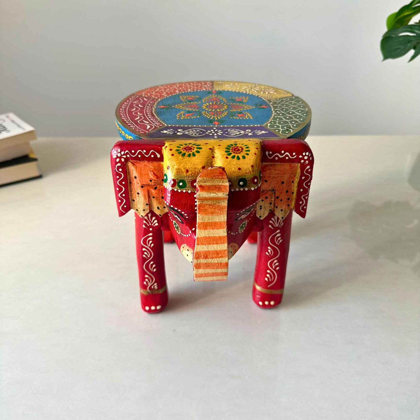 Handcrafted Red Handpainted Wooden Elephant Stool | Atrangi Studio